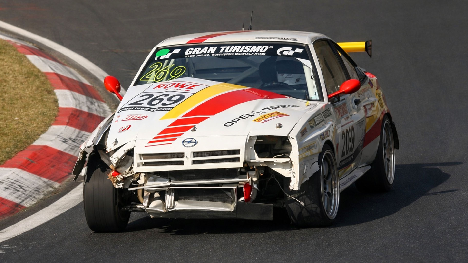 Damaged car struggles after Nürburgring racing crash