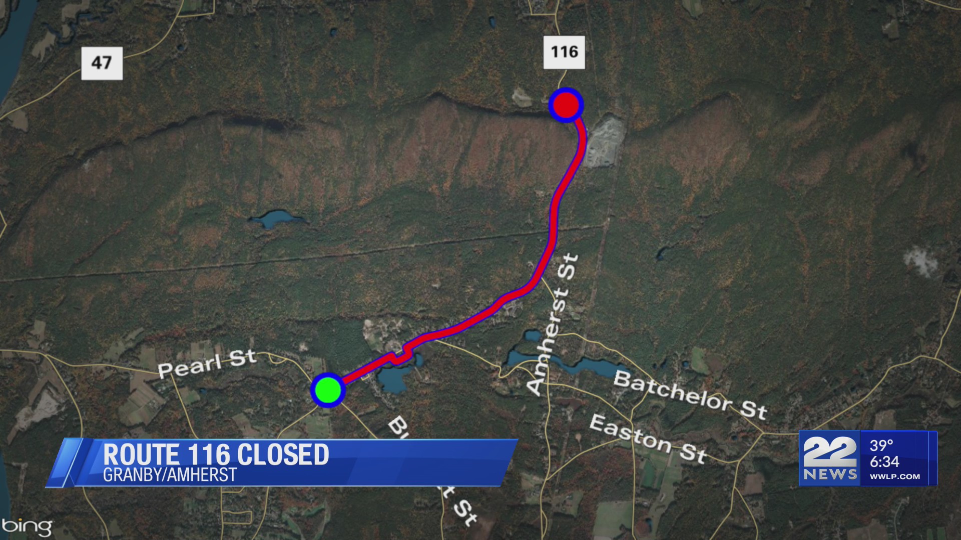 Route 116 closed in Granby due to downed trees