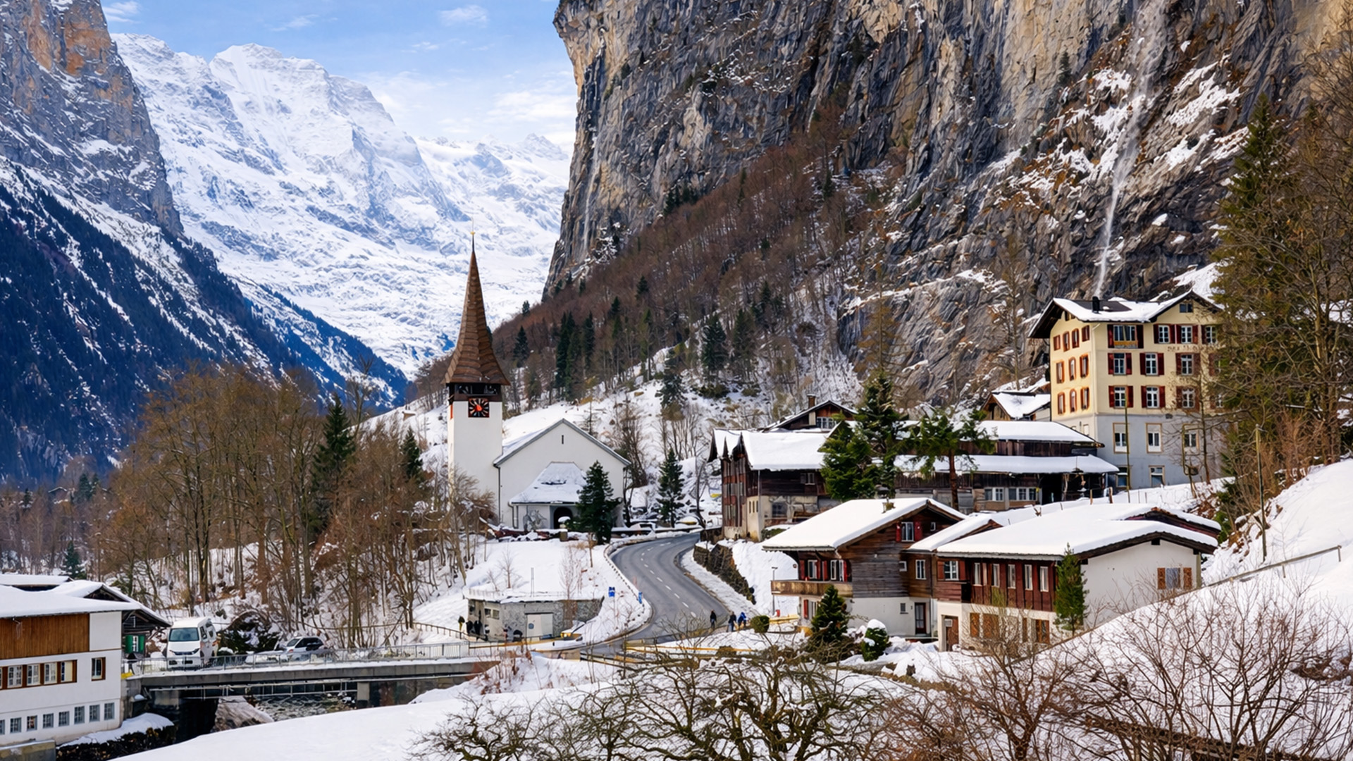 Lauterbrunnen Switzerland charming winter village in the Alps (4K)