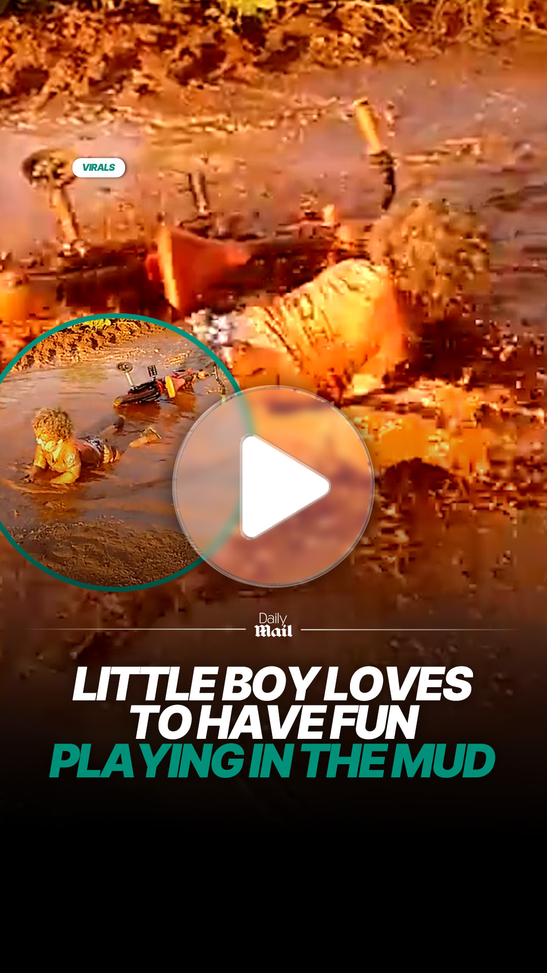 Little boy happily plays in the mud without a care