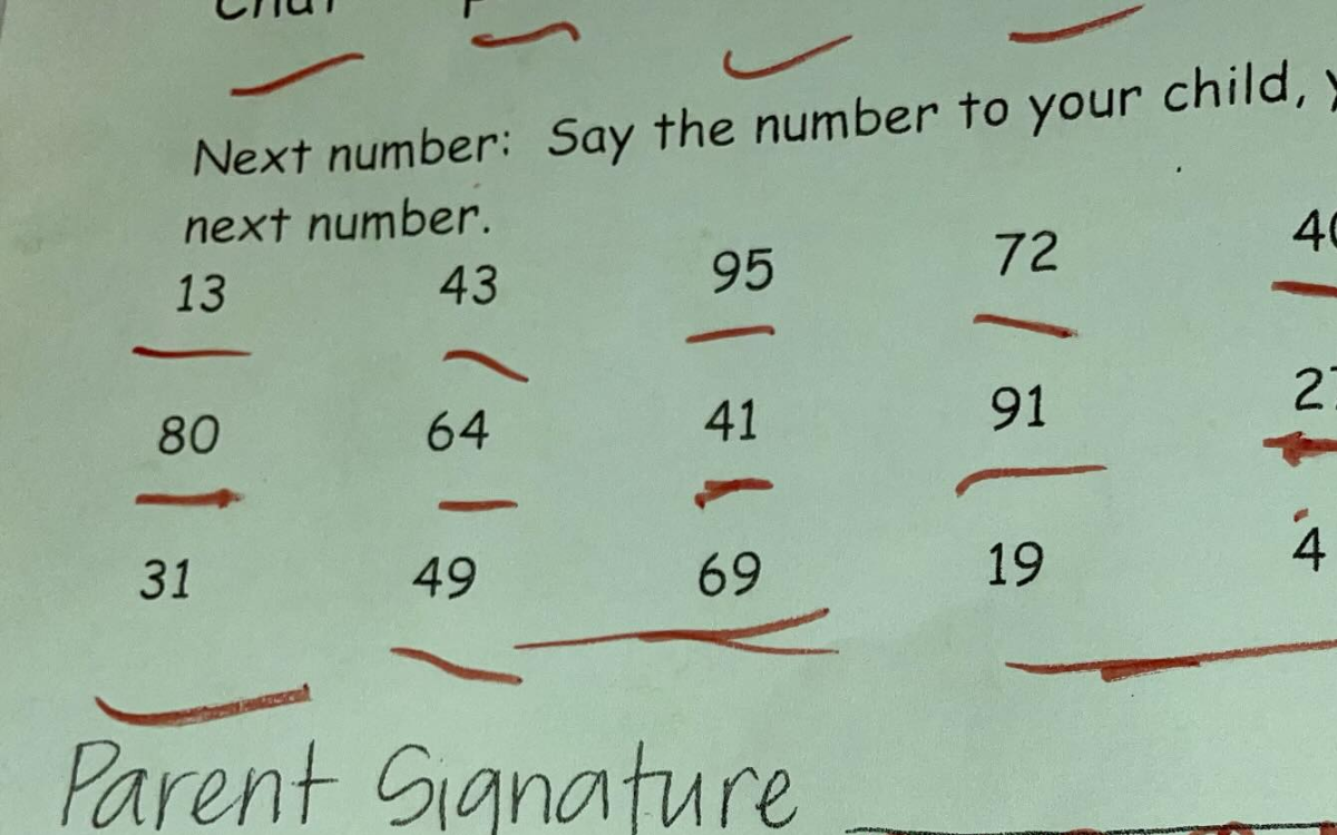 Mom checks kindergartener's homework—then sees name under parent signature