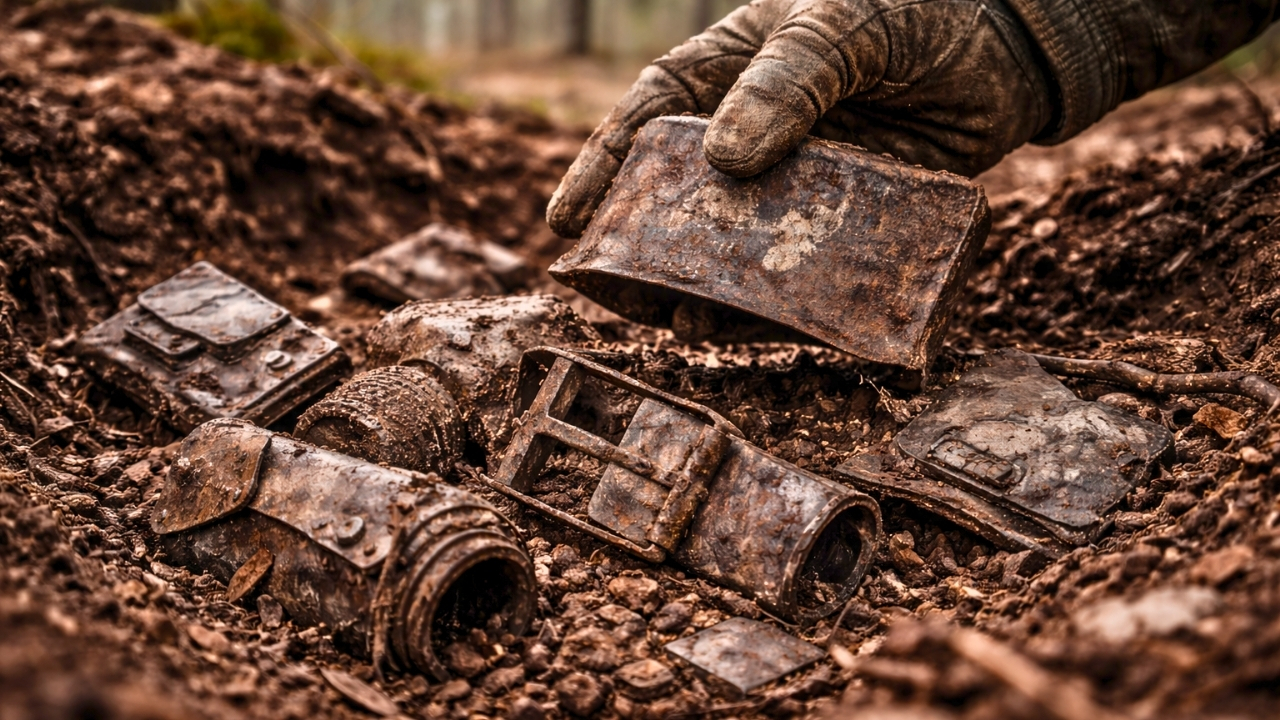 German woodland site, WWII equipment disposal pit documented