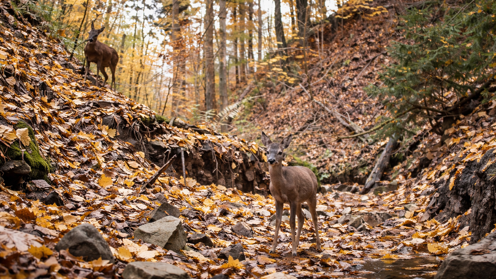 Wildlife camera records deer moving through an autumn valley