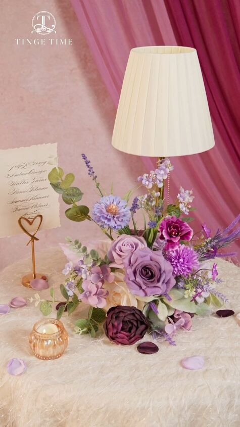 Lavender & plum floral lamp DIY | Romantic spring wedding table decor