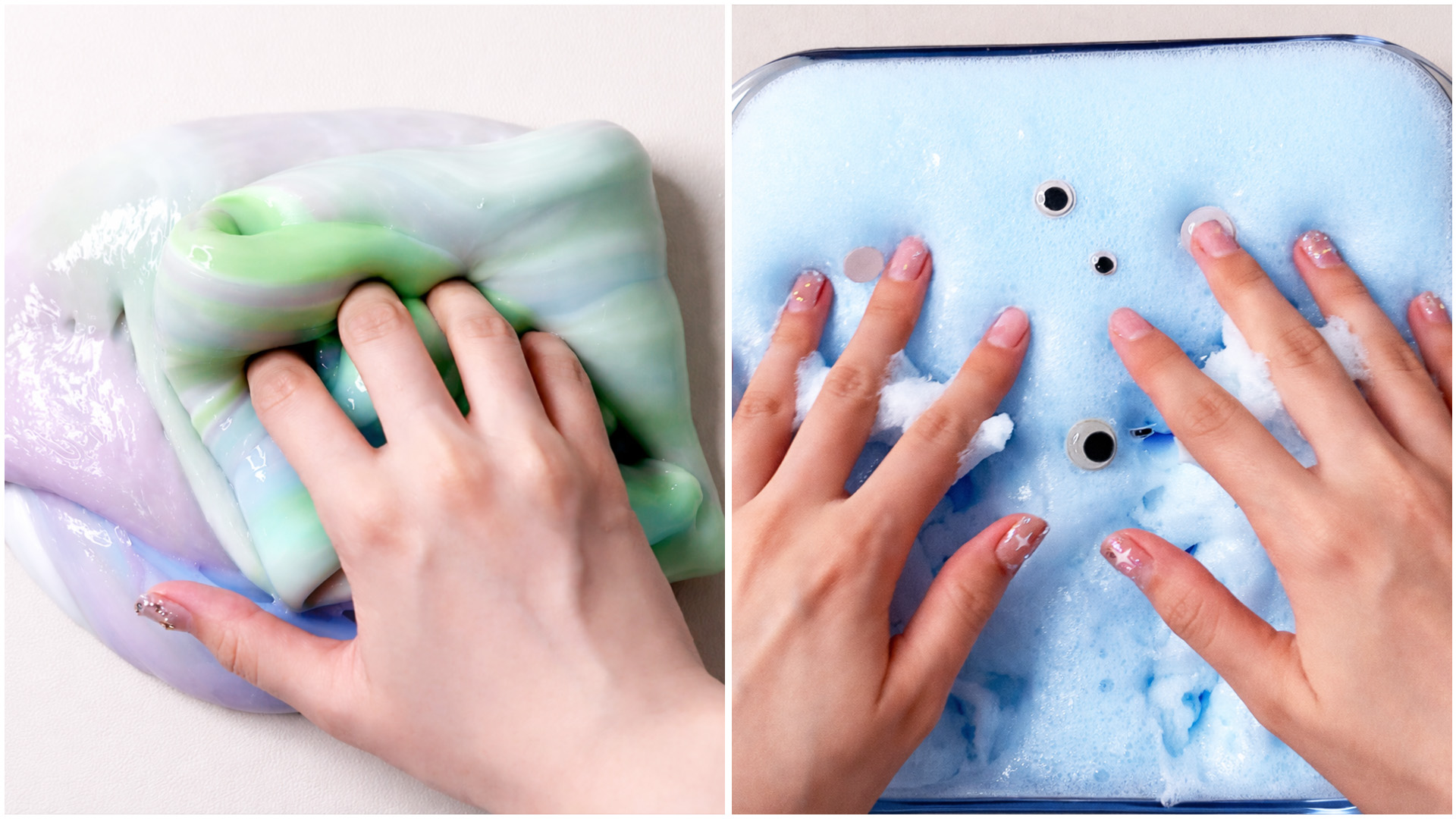 Glossy pastel slime and fluffy blue texture