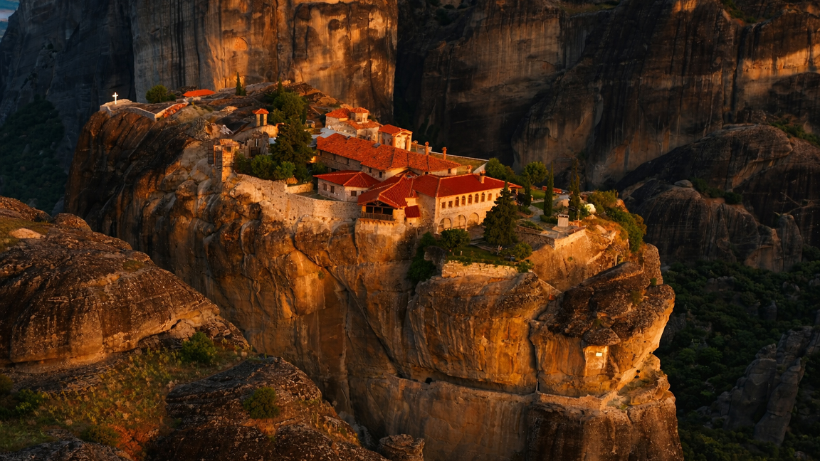 Historic cliffside monastery glowing in warm sunset light