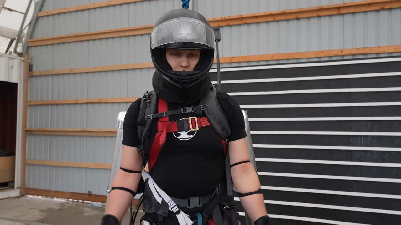Watch what happens when the rocket pack launches him