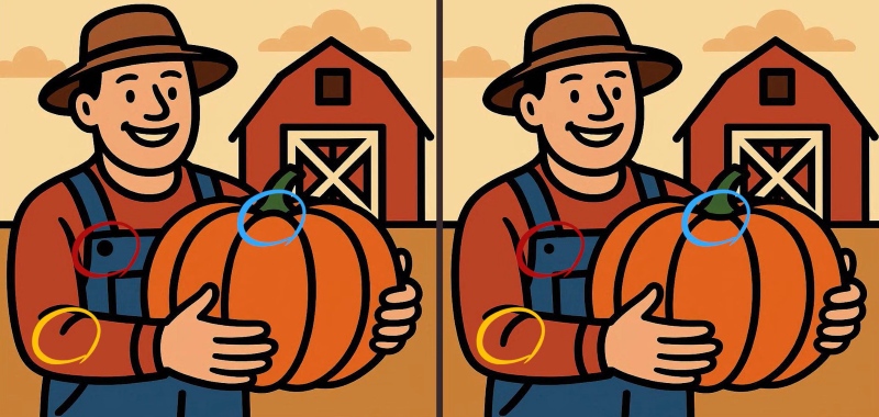 Find 3 differences in farmer holding a pumpkin in just 49 seconds!