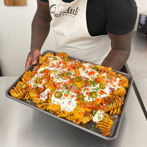 Extreme chili cheese waffle fries