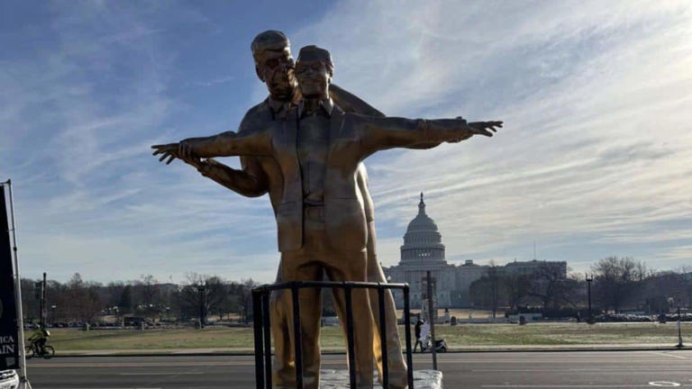 Trump-Epstein ‘Titanic pose’ statue pops up in Washington DC, sparks ...
