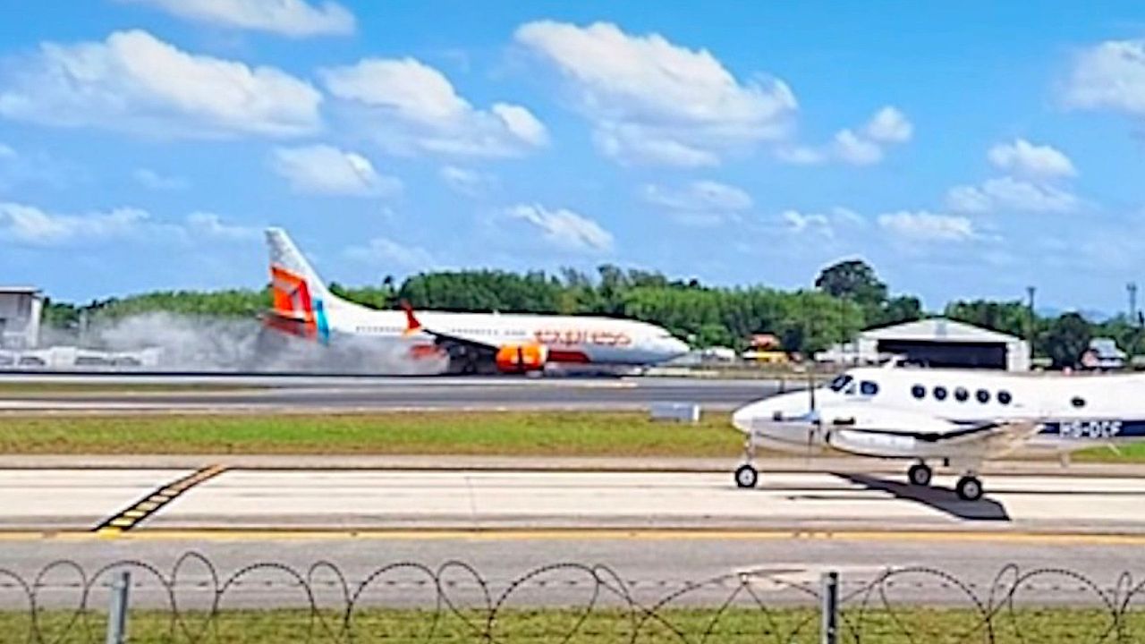 Jet loses wheel after hard landing and scrapes runway in Phuket