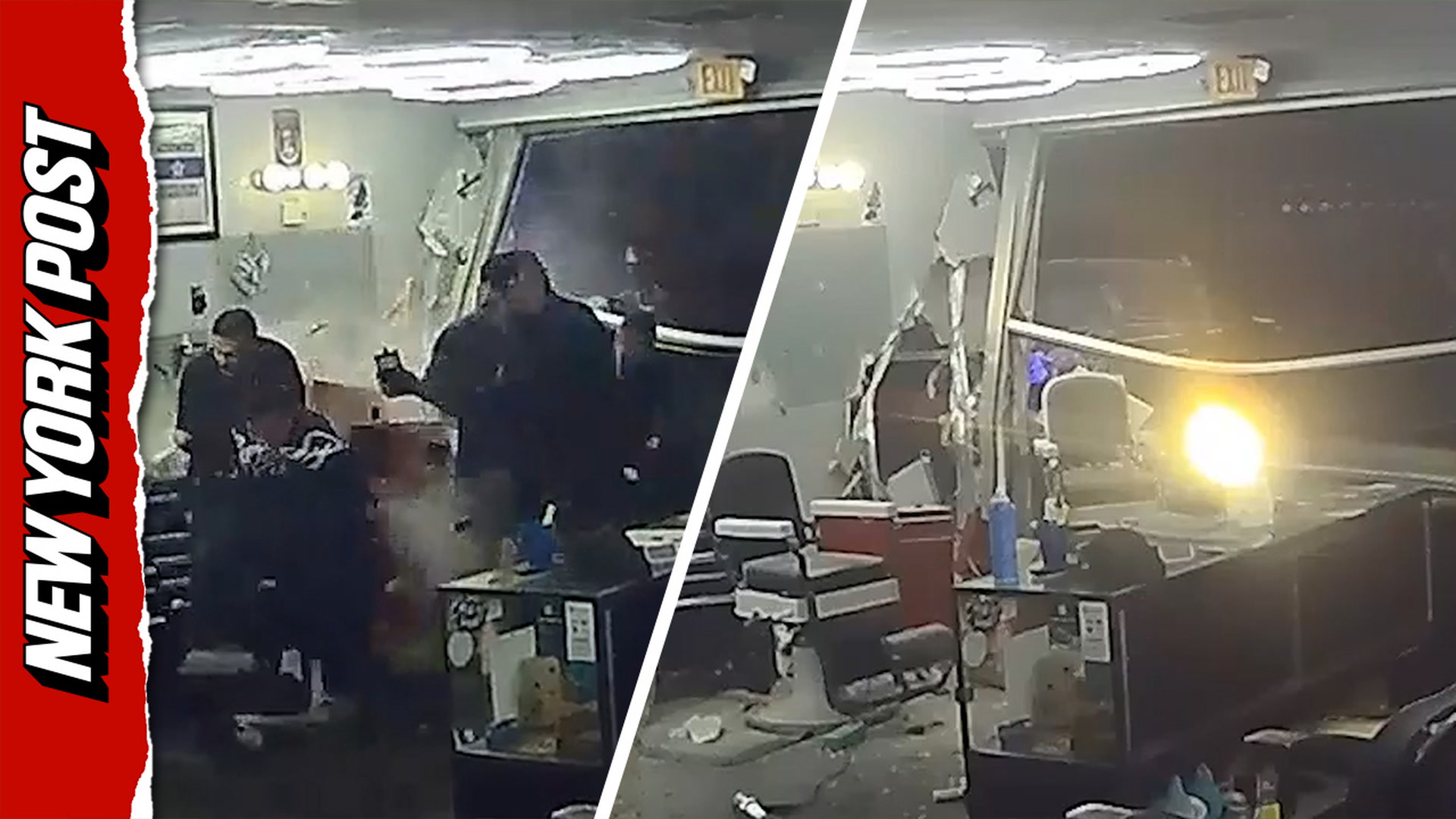 Wild moment car smashes through barbershop window