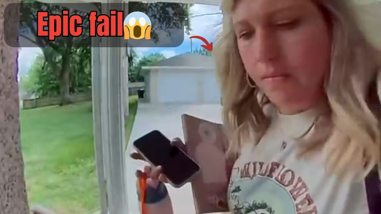 Doorbell camera records woman's awkward reaction after heavy Owala ...