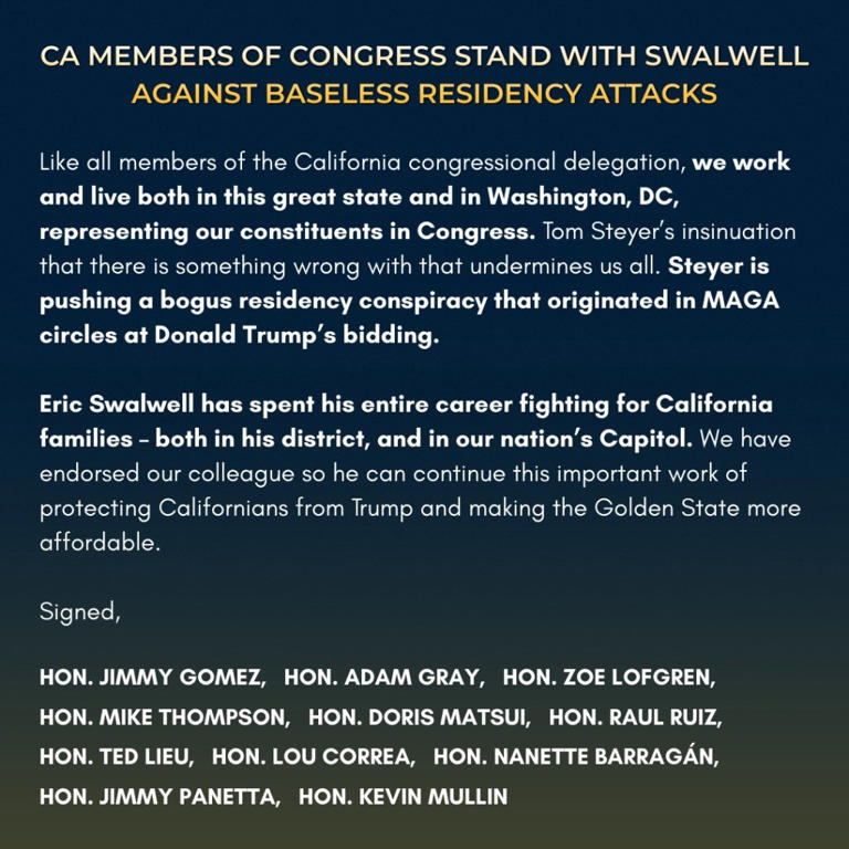 CA gov. candidate Eric Swalwell rents a room in a family of three’s ...