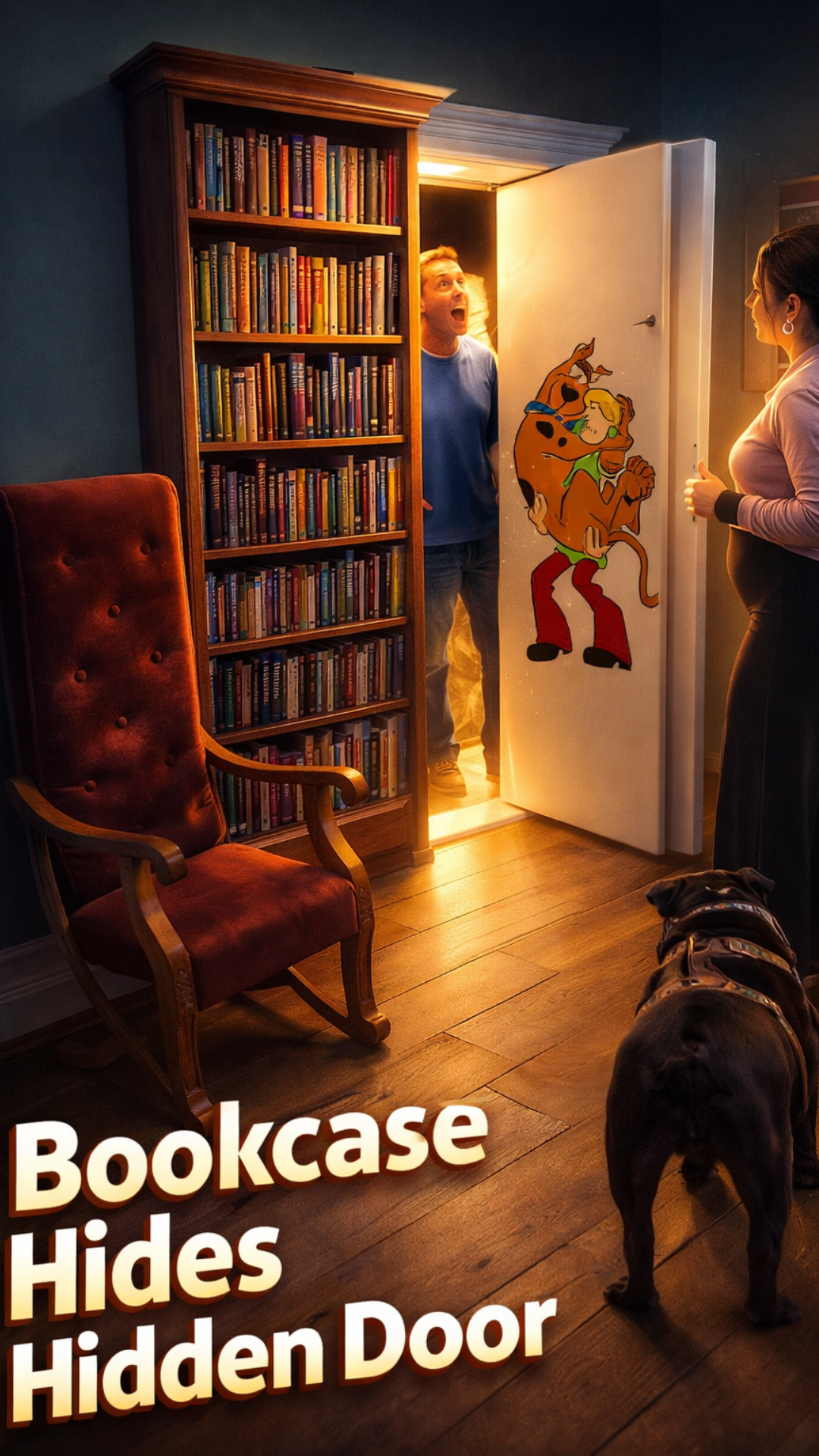She didn’t expect a secret door behind the bookcase!