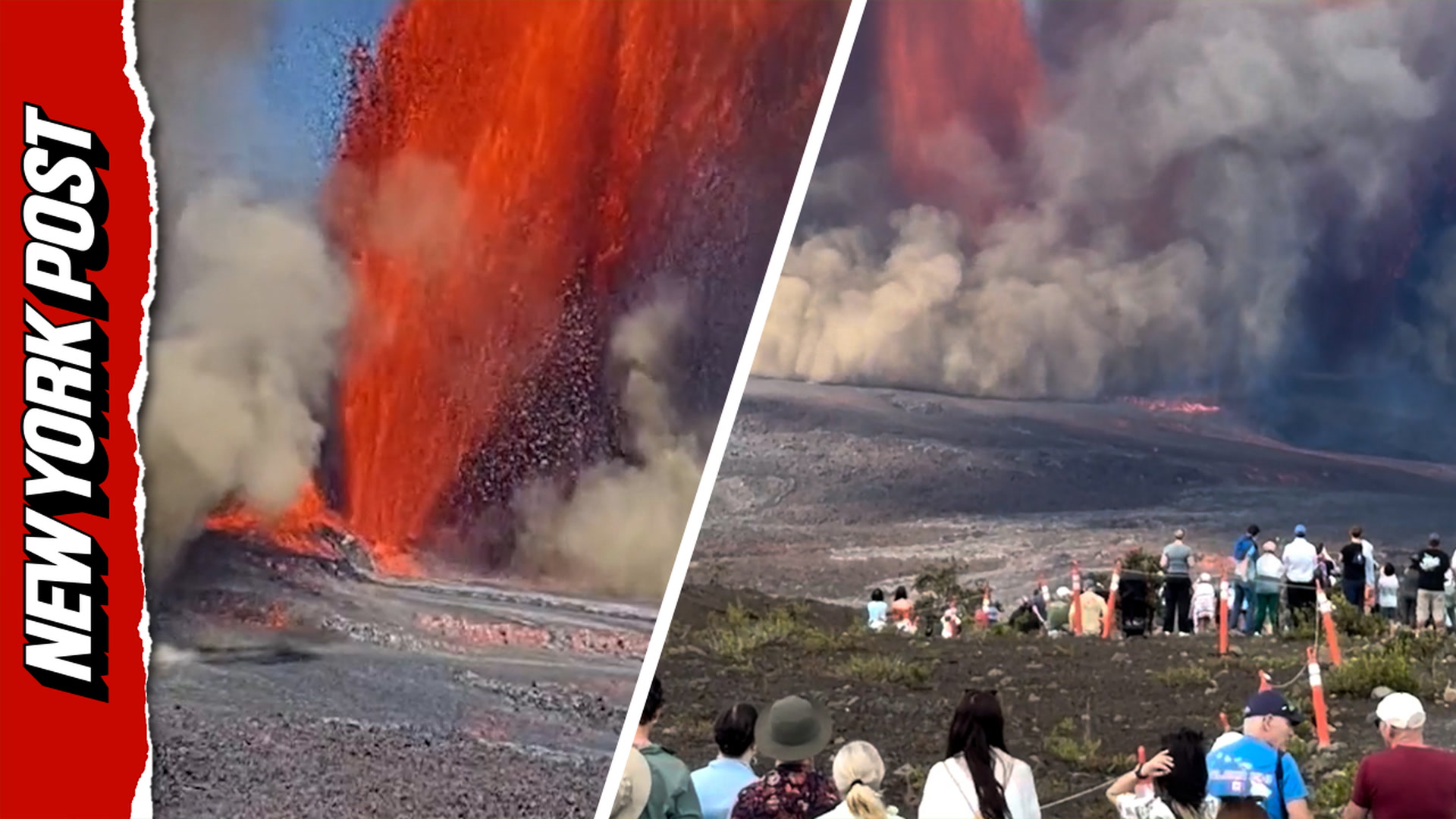 Crowd gathers to watch immense volcano eruption spewing lava into the sky