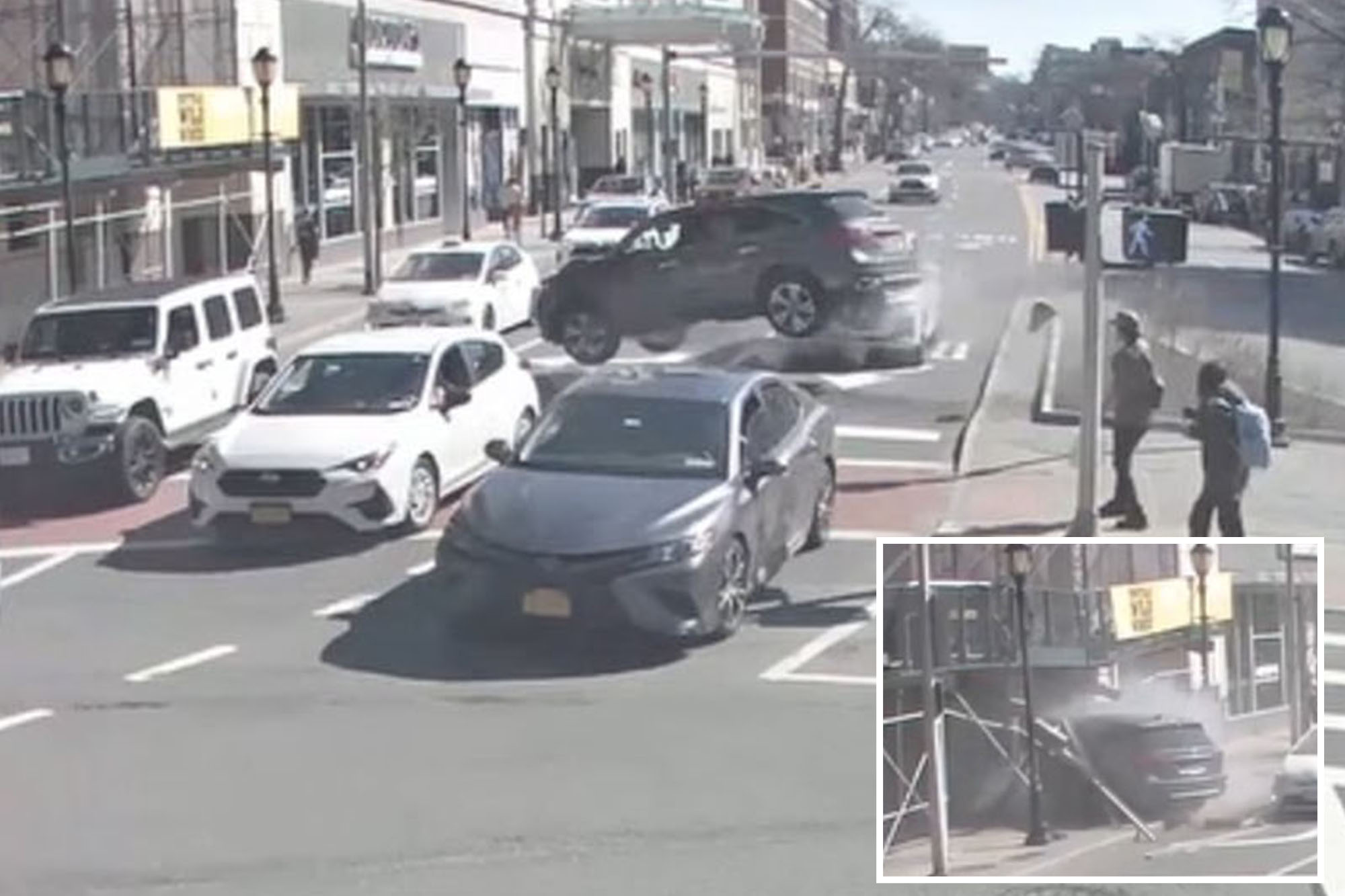 Wild video shows car flying into scaffolding outside NY Buffalo Wild Wings