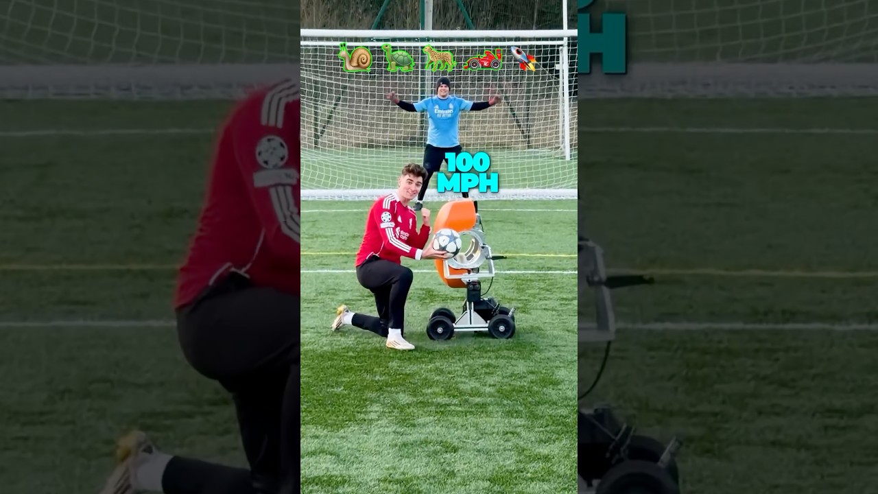 Watch a goalkeeper test their reflexes against 100 mph shots
