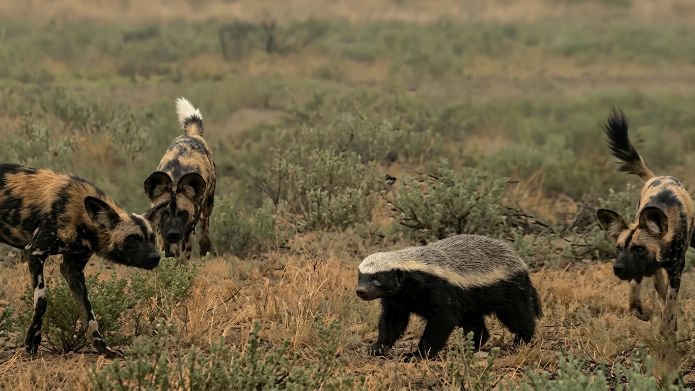Watch what happens when a badger gets surrounded by wild dogs