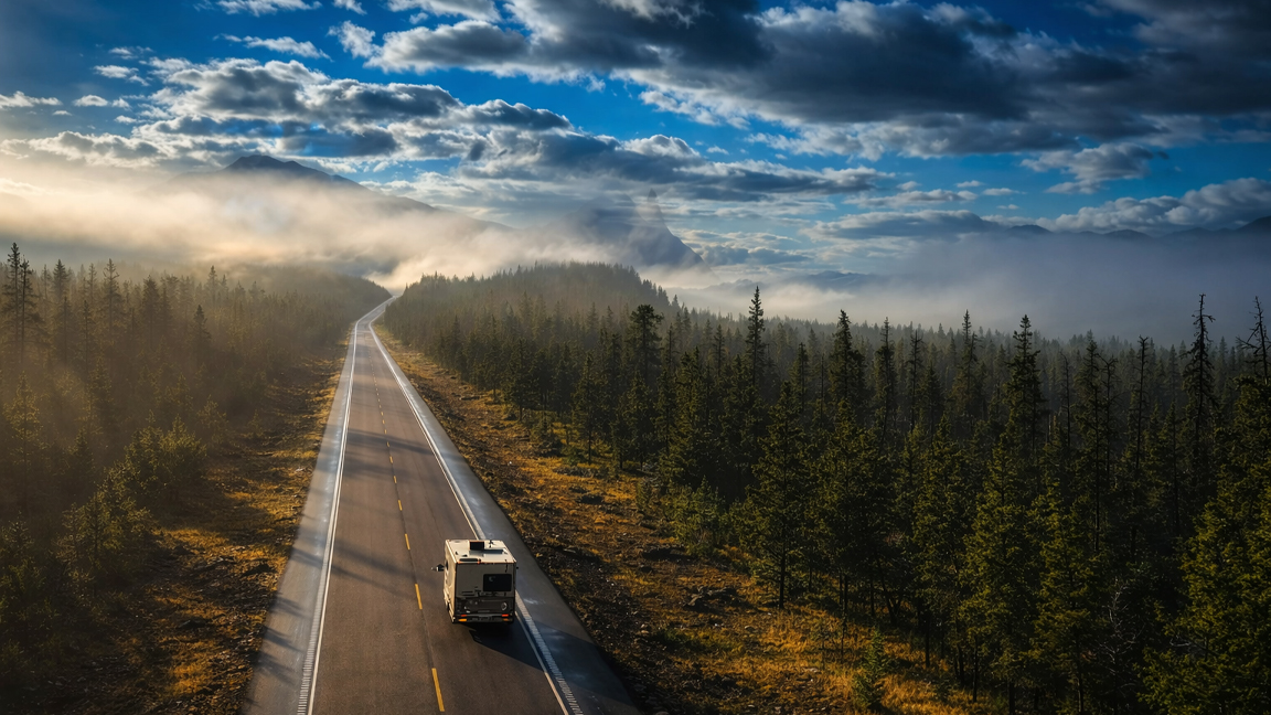 A long road through a misty mountain forest