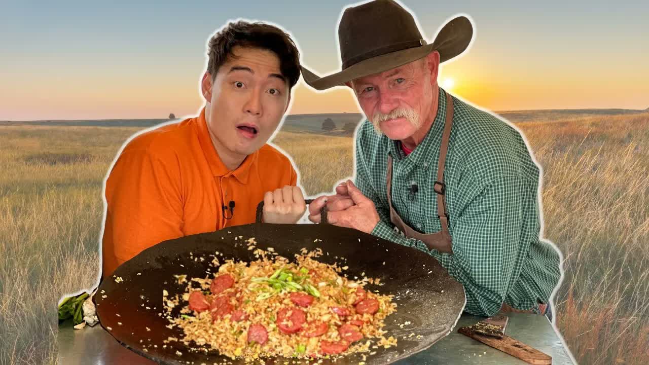 A cowboy kitchen lesson from Uncle Roger - egg fried rice on cast iron