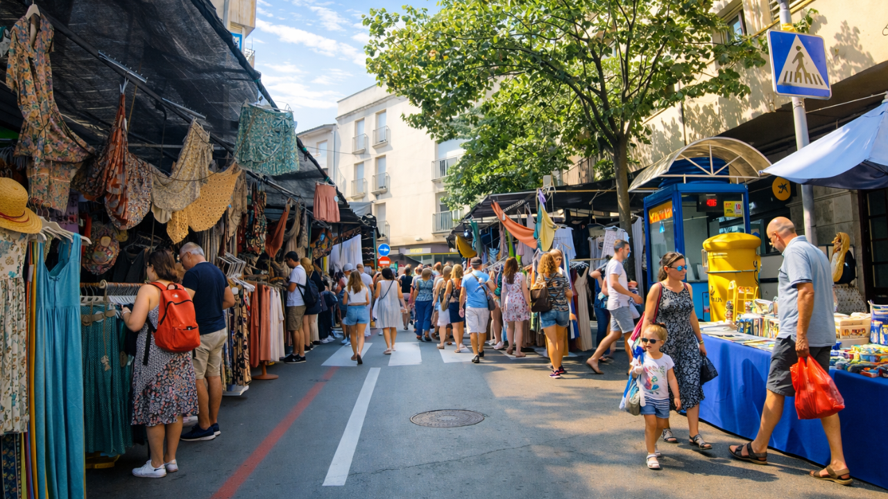 Walking through Tordera street market Spain