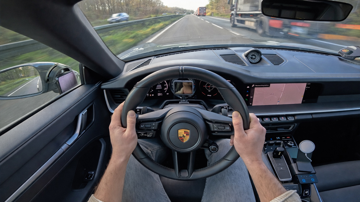 Porsche at extreme speed on Autobahn