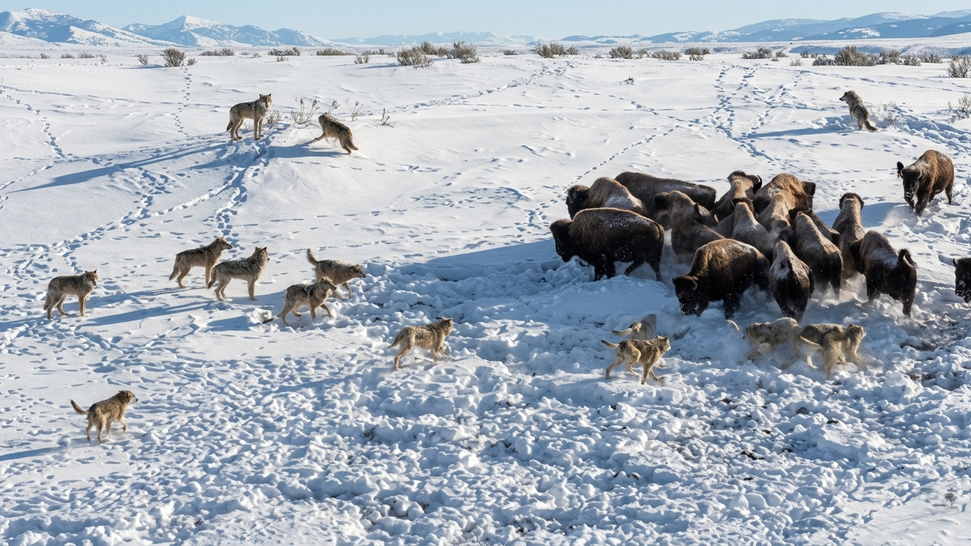 Watch what happens when a pack of wolves attacks a herd of bison