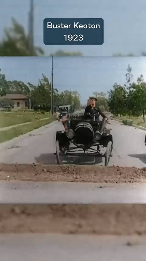 Classic Buster Keaton stunt from 1923 in color