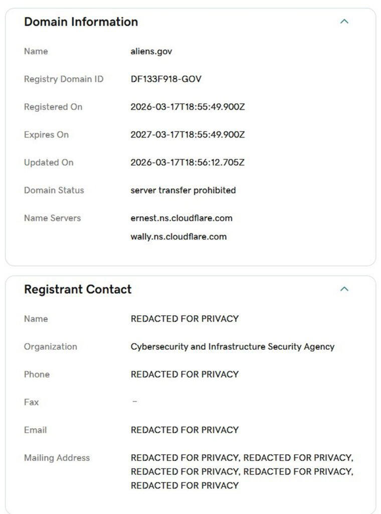 US government registers 'aliens.gov' domain, sparking speculation