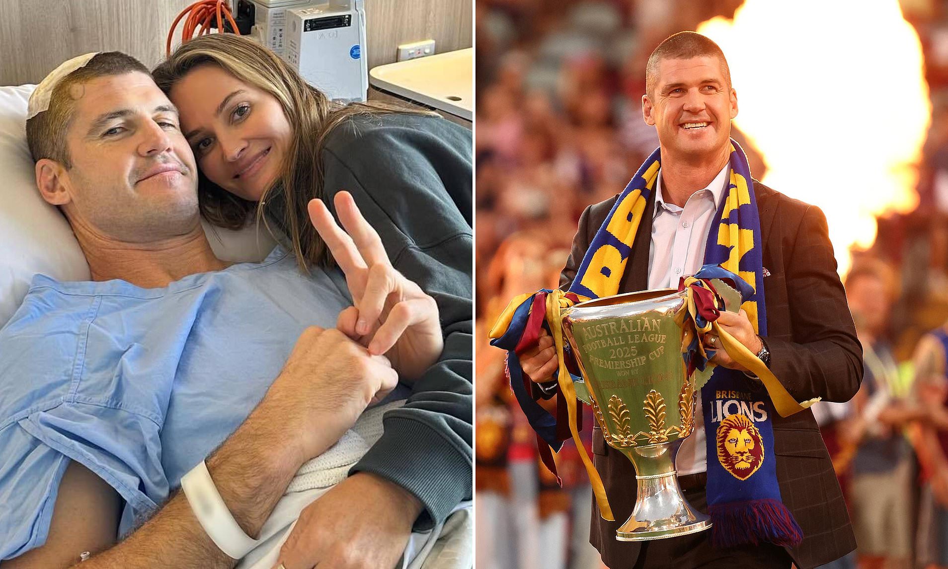 Footy legend Jonathan Brown is comforted by his wife in hospital after ...