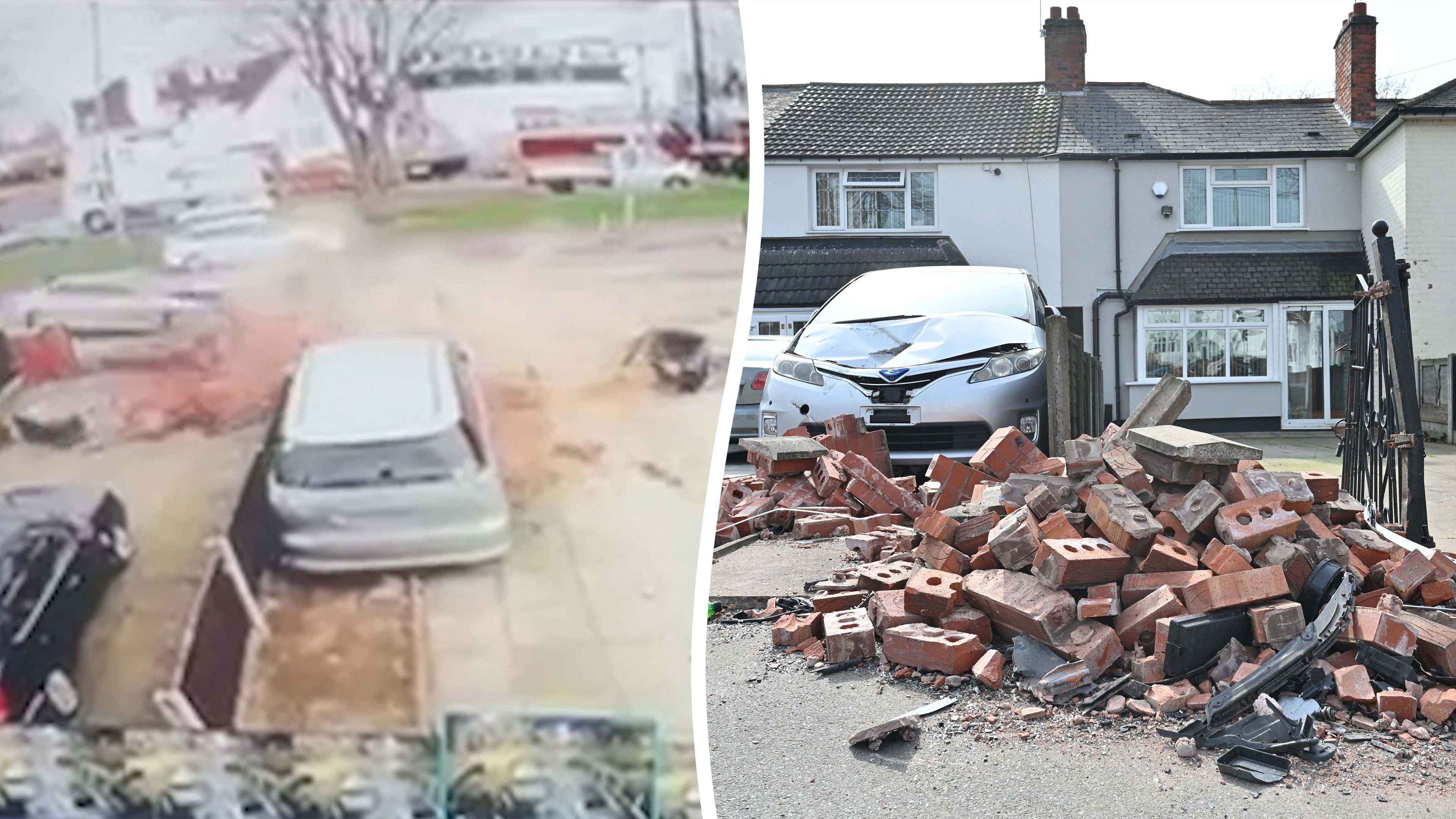 CCTV shows speeding driver smashing into homes before fleeing on foot