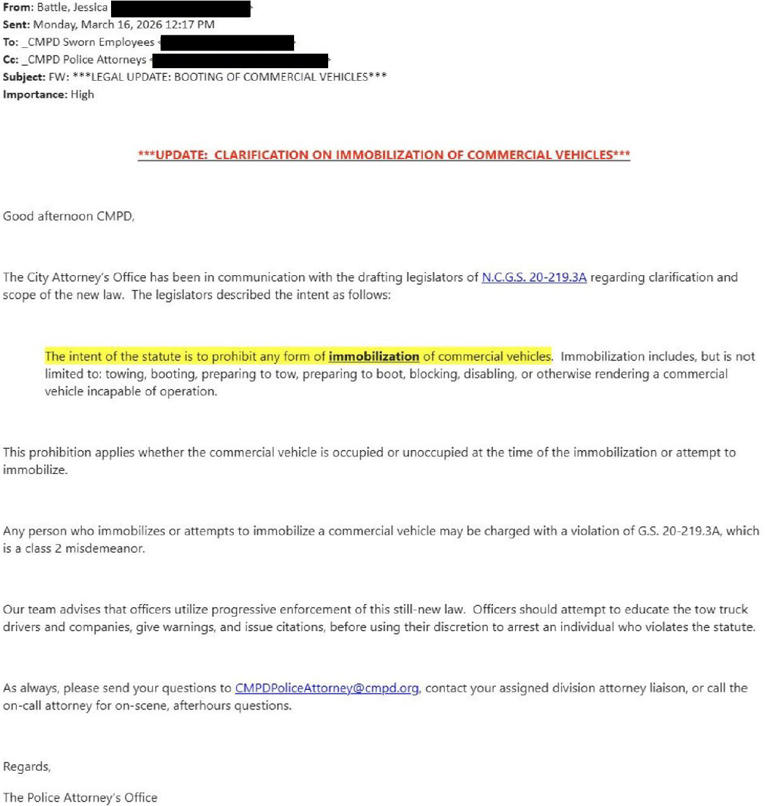 CMPD memo: Towing commercial vehicles may now be illegal in Charlotte