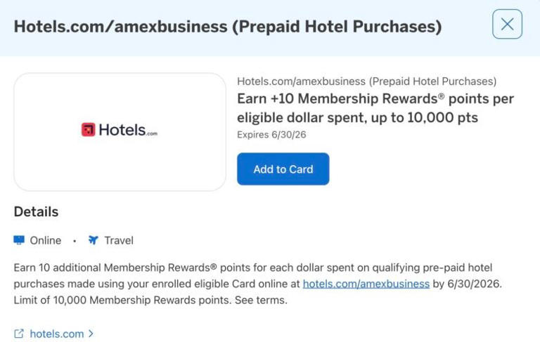 New Amex offers: Earn 10% back or 10X points on prepaid Hotels.com ...