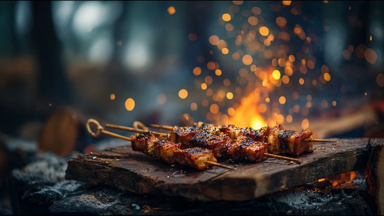 Wolverine belly skewers 🔥 bushcraft pork over fire