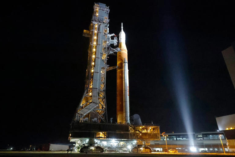 Artemis II rocket arrives to launch pad after slow rollout ahead of ...