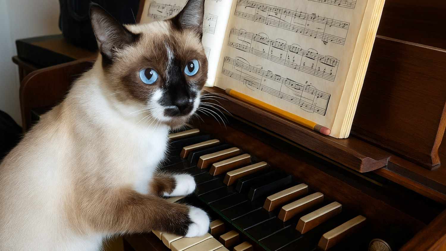 Cat at piano pretends to read music