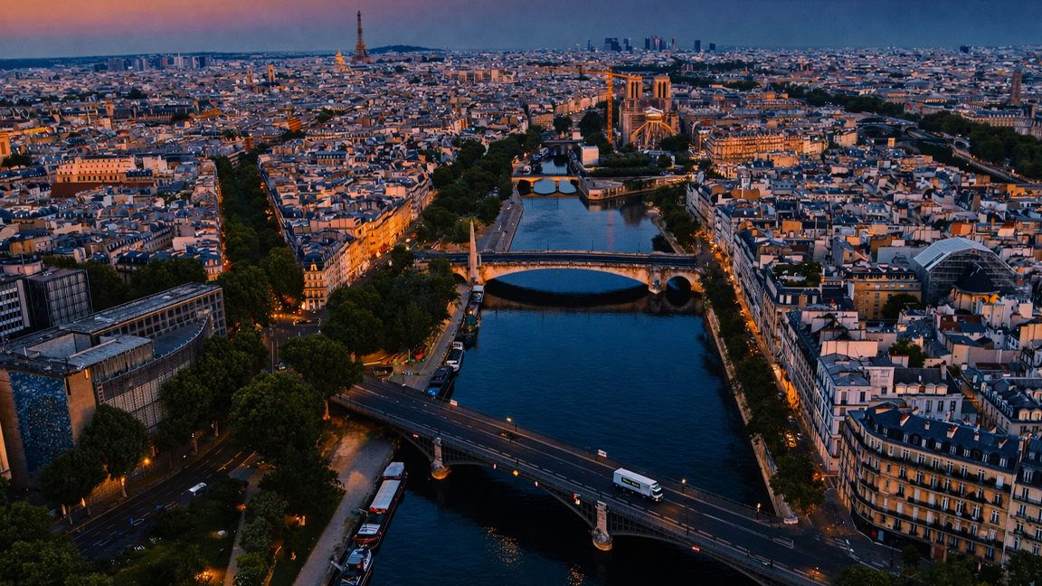 Evening lights reflecting along the Seine in the heart of Paris