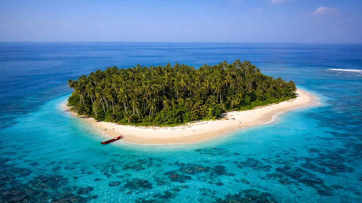 White sand and palm trees resting on a calm tropical island
