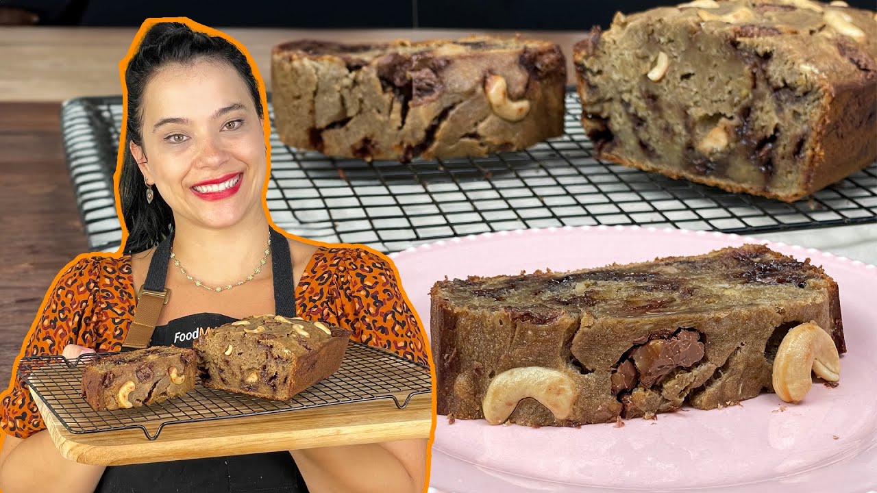 Bolo de banana, chocolate e castanhas melhor que de cafeteria chique!