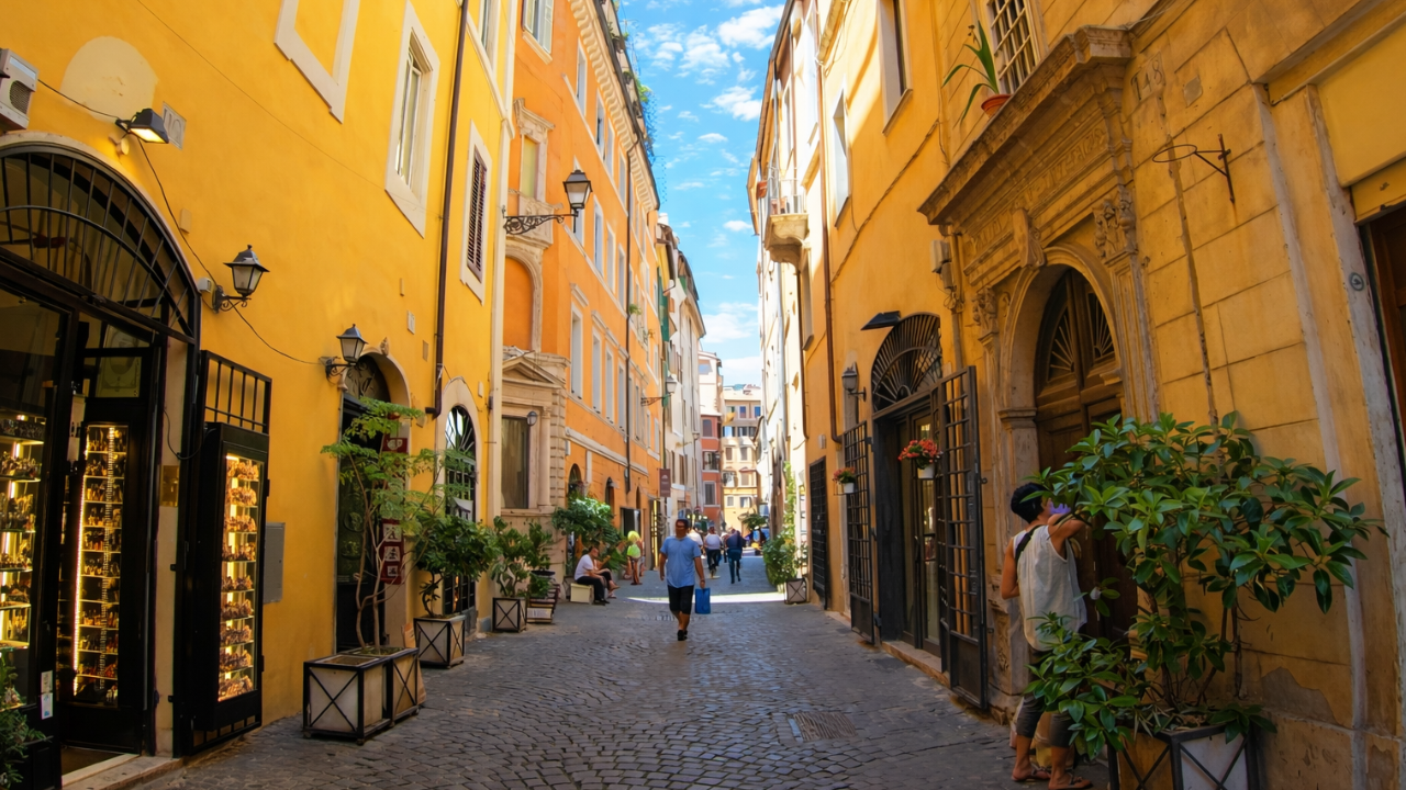 Rome Italy charming alley walk with colorful buildings (4K)