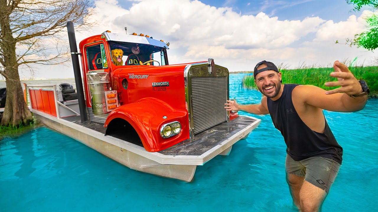 Floating semi truck swamp challenge: Rookie vs pro