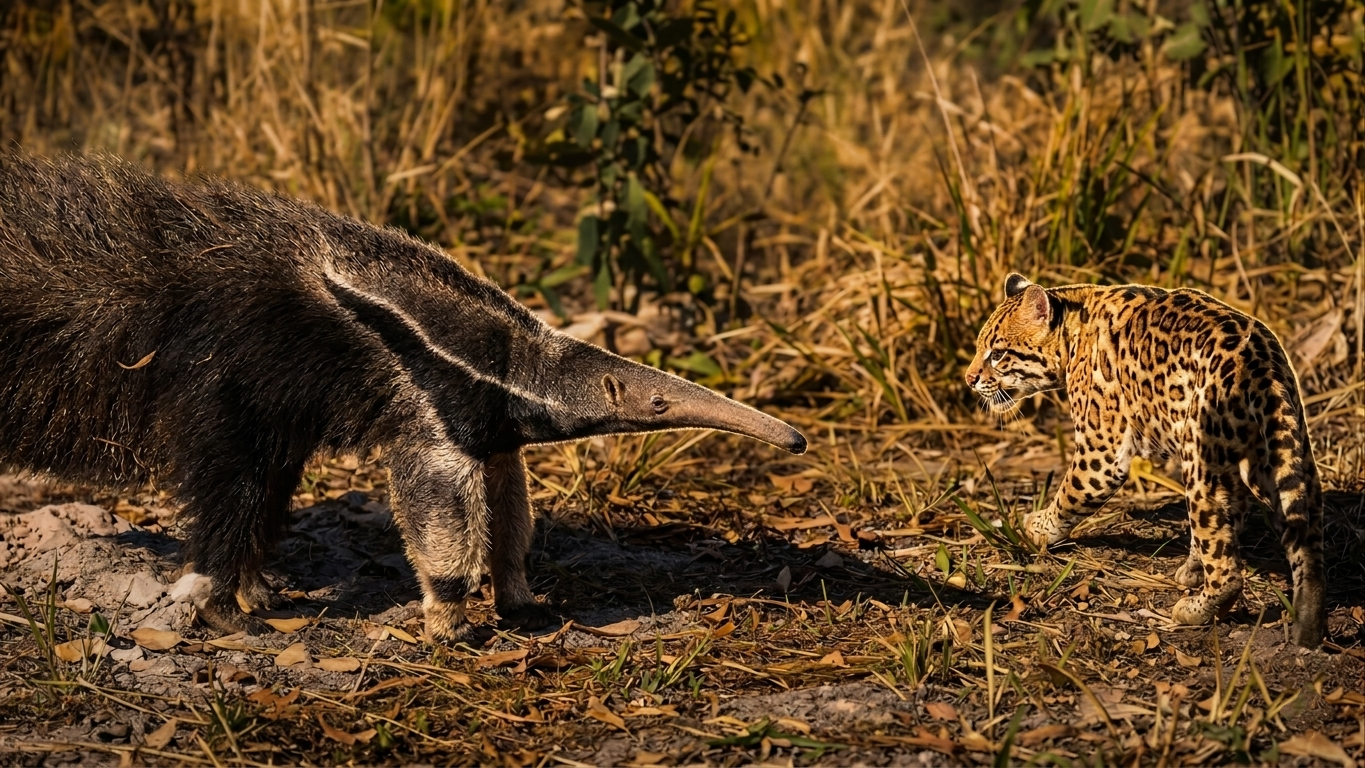 Watch what happens when an ocelot gets too close to a giant anteater