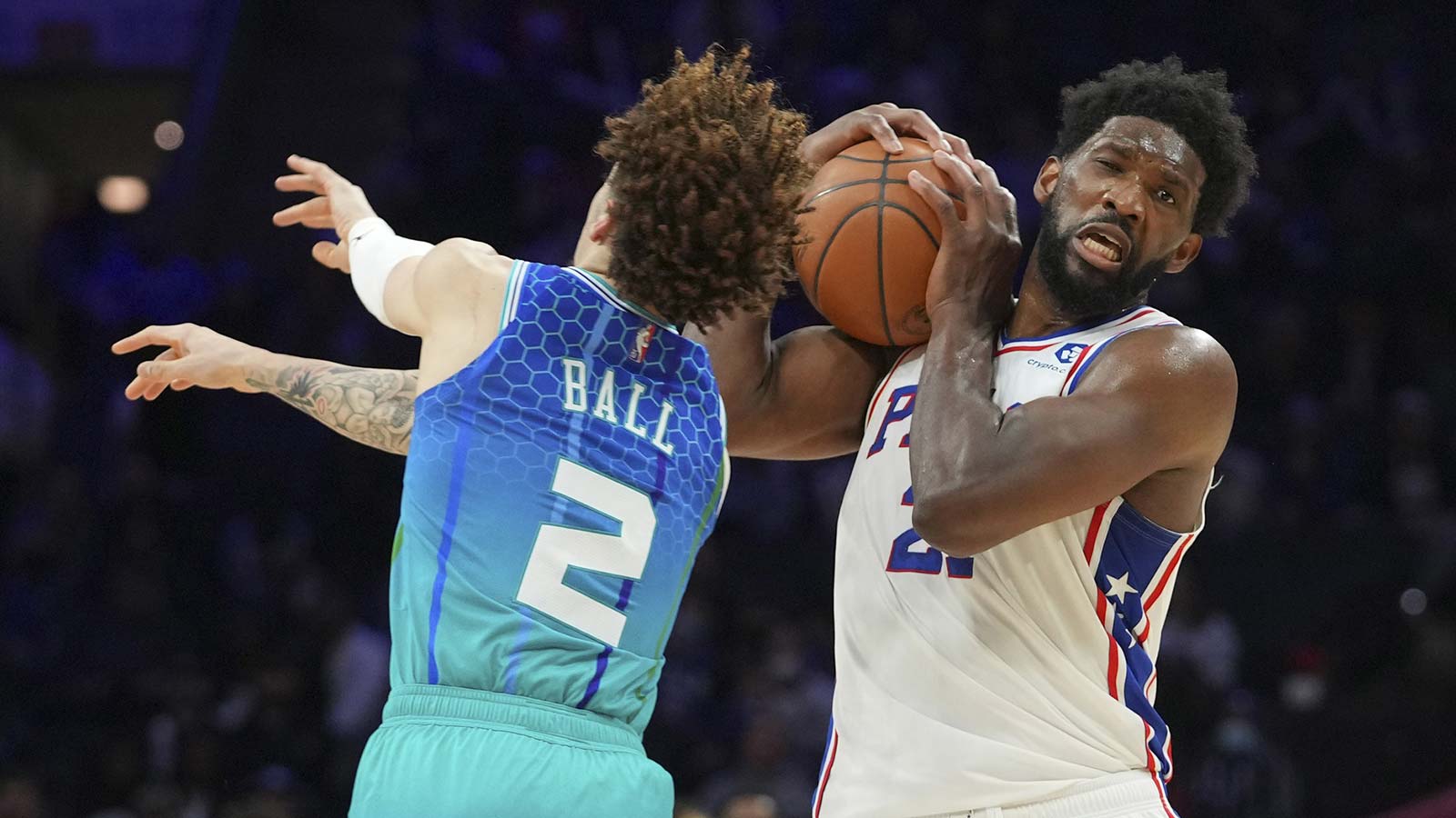 76ers star Joel Embiid gives LaMelo Ball injury scare with elbow to the ...