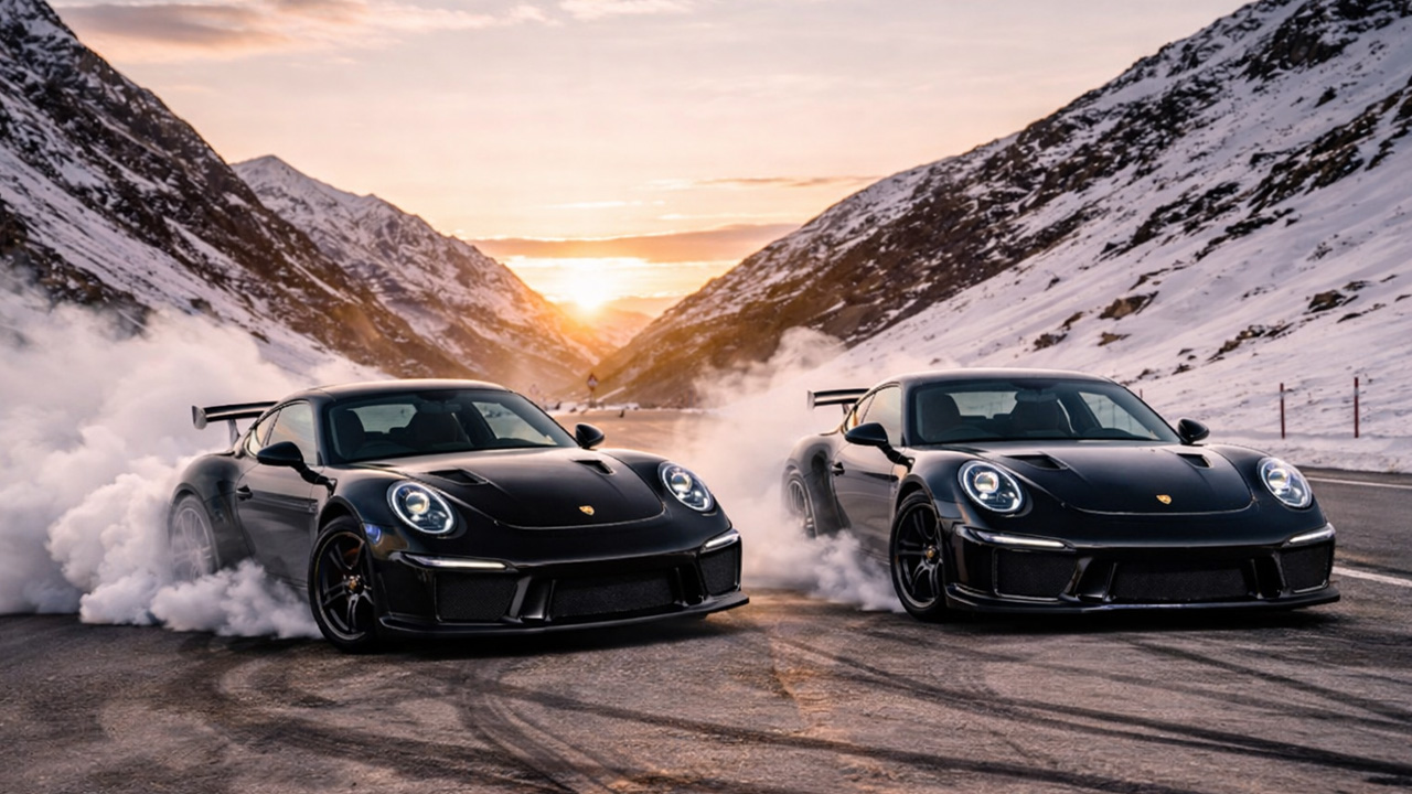 Two Porsche GT3 RS drift mountain roads
