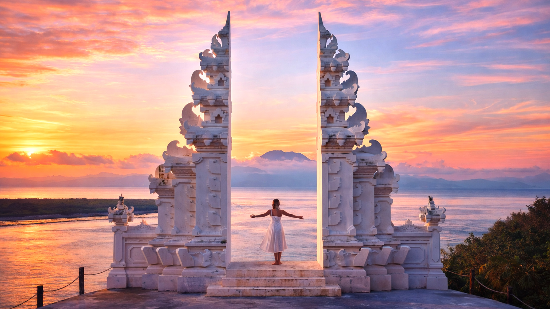Bentar temple in Bali with a split gate at sunset