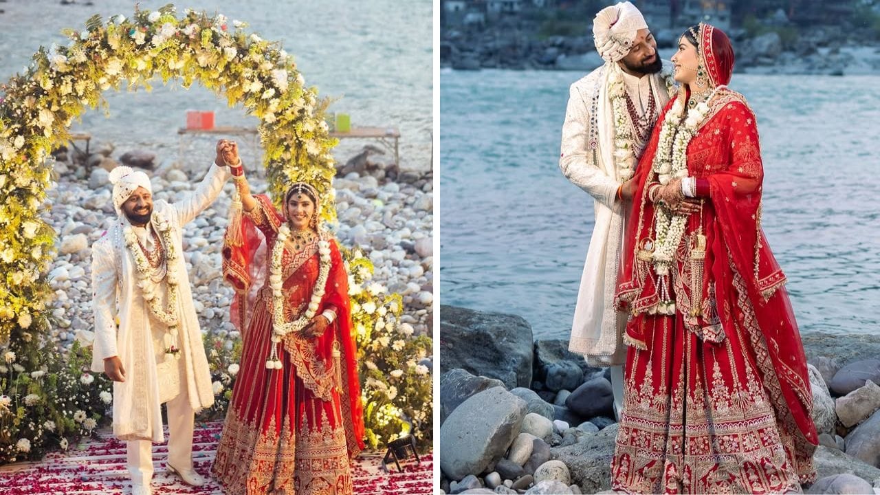 Rajat Dalal wedding look: Bride in regal red, groom in ivory sherwani ...