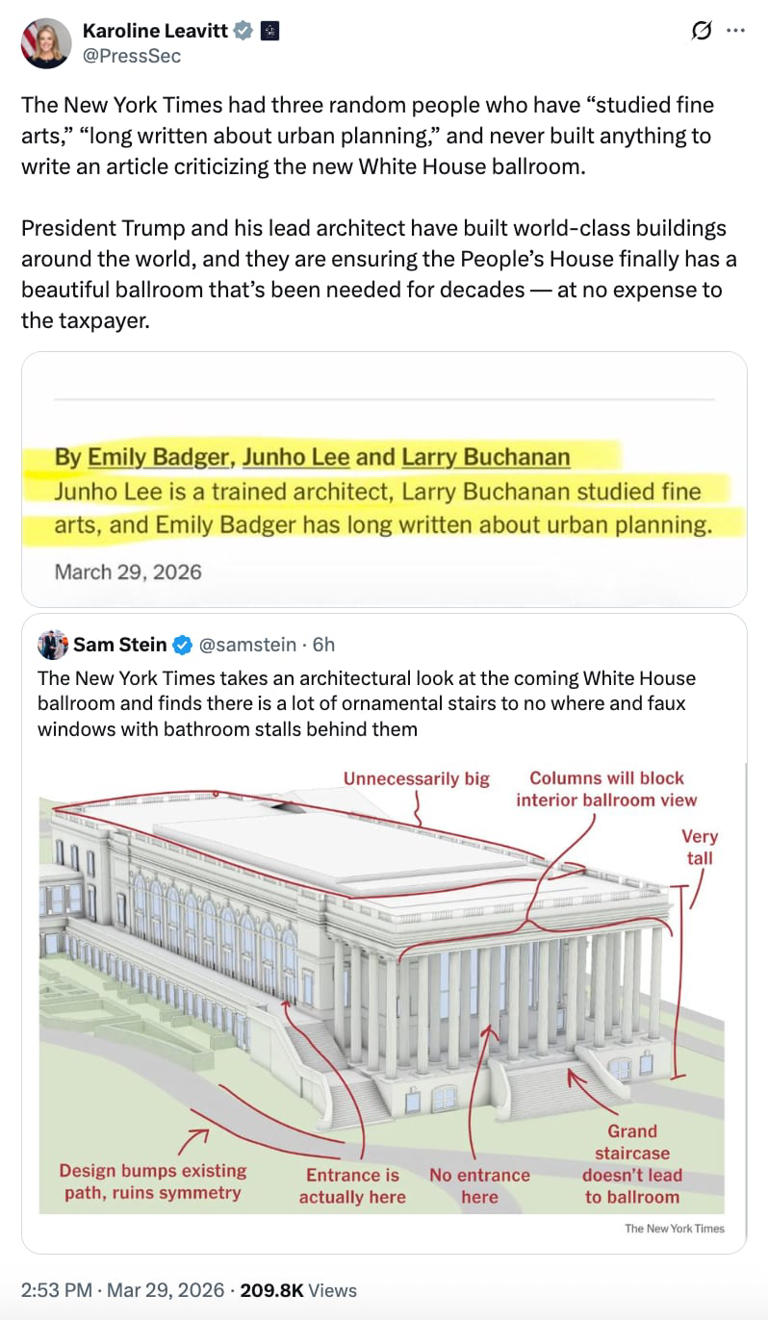 Leavitt melts down as Trump’s ballroom design flaws exposed