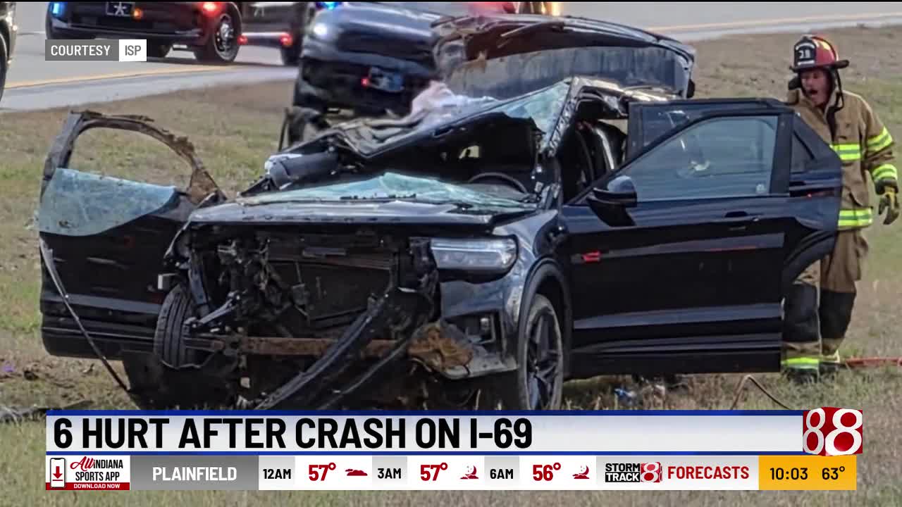 Six hurt after crash on I-69