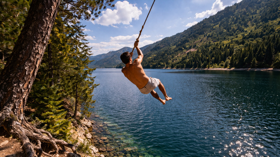 50 foot rope swing shows high jump into lake